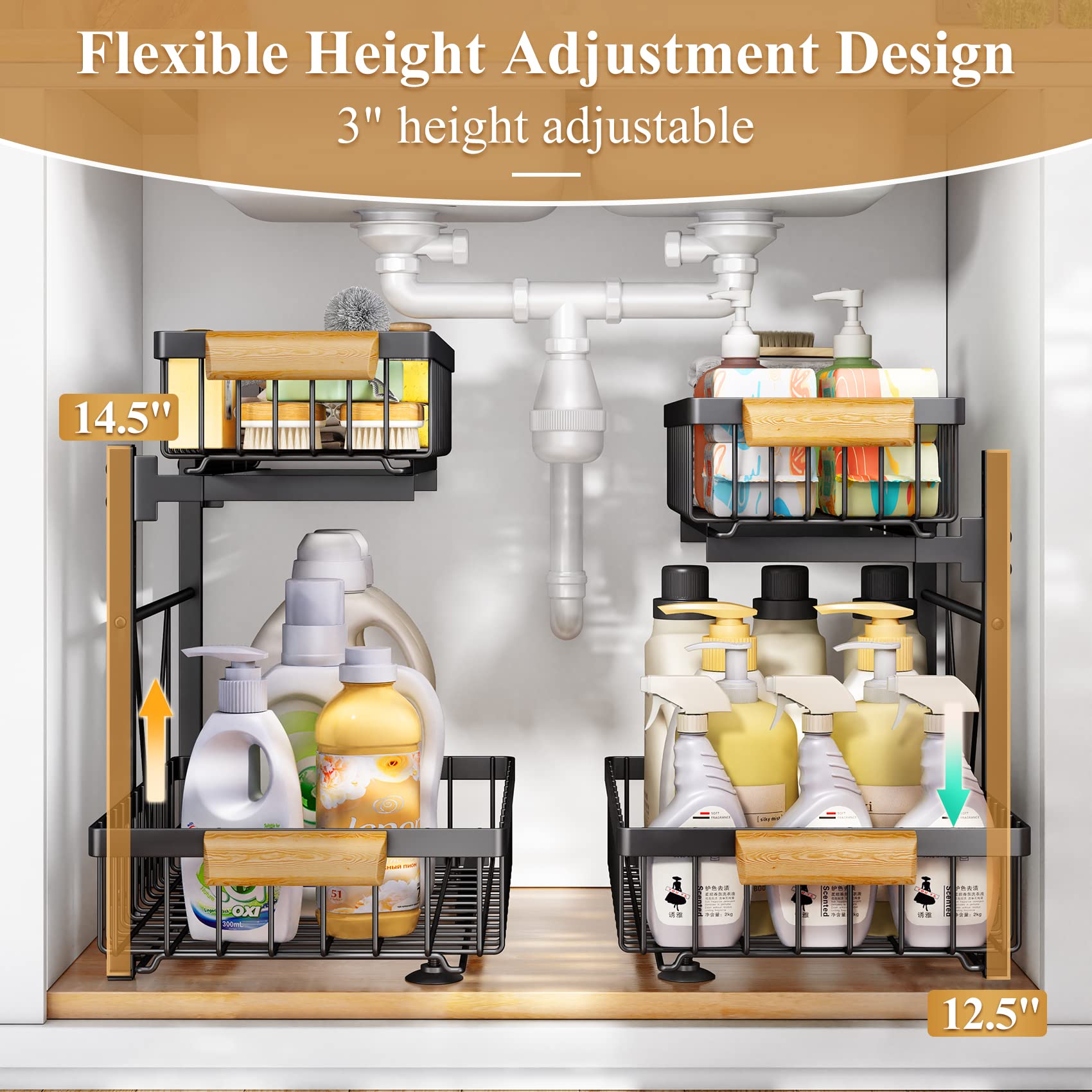 Under Sink Organizer, PXRACK Pull Out Cabinet Organizer 2-Tier Slide-out Sliding Shelf Under Cabinet Storage Multi-purpose for Under Kitchen Bathroom Sink Living Room Organizers and Storage