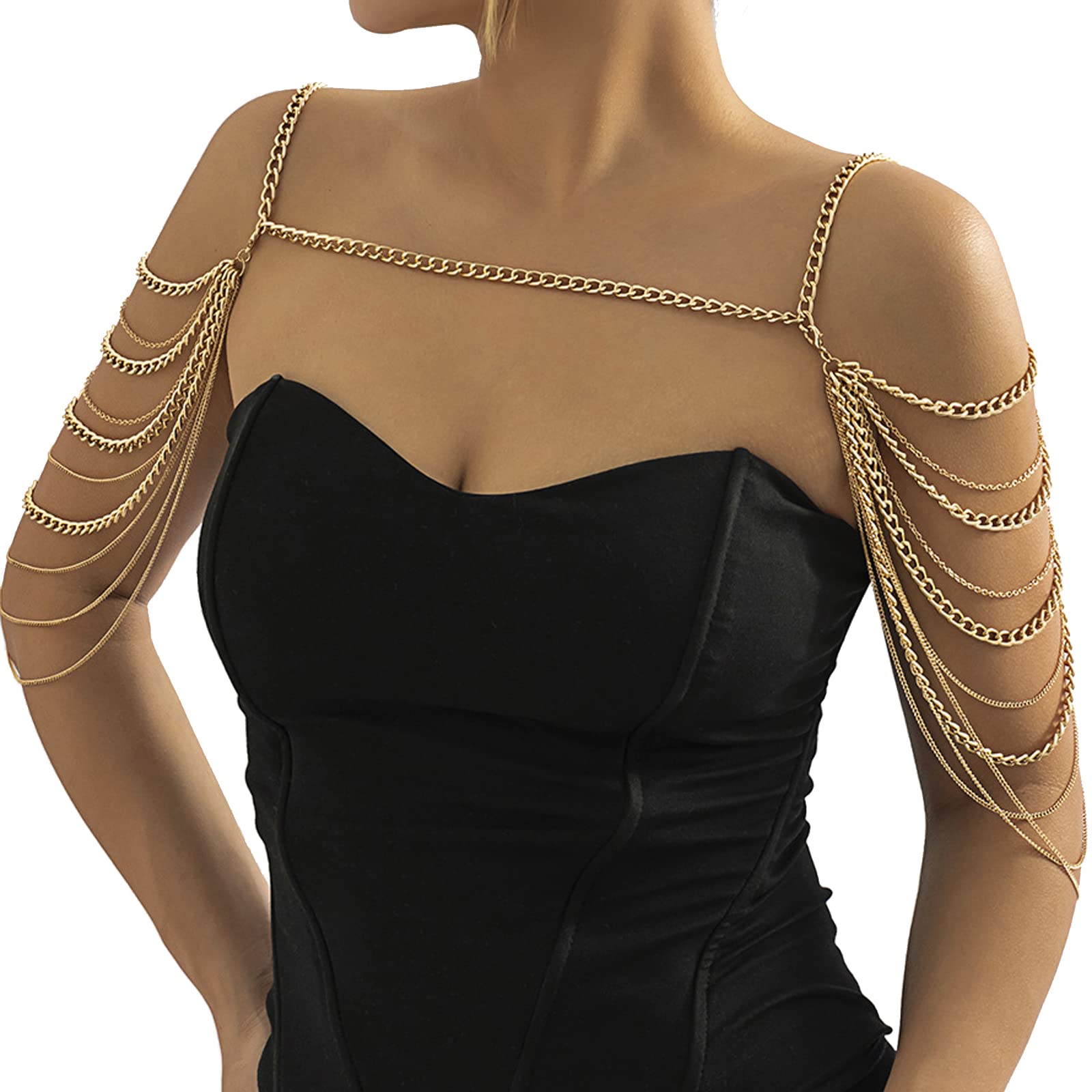 Punk Shoulder Chain Tassel Layered Upper Arm Chain Metal Multi Layer Tassel Shoulder Chain Bikini Fringe Backdrop Necklace for Women (Gold)