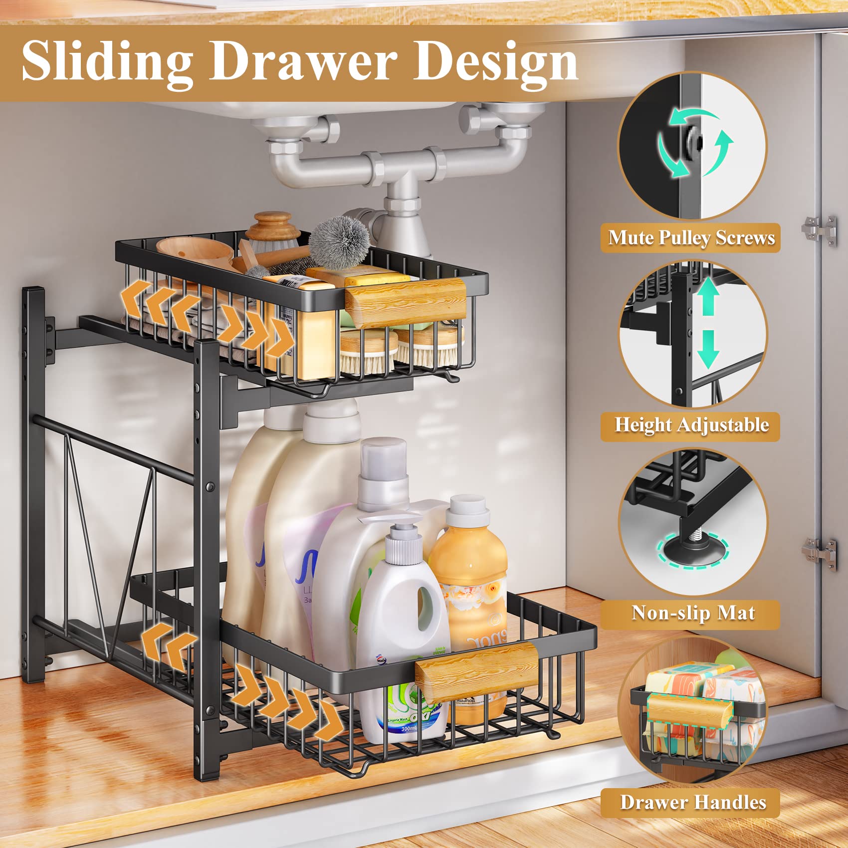 Under Sink Organizer, PXRACK Pull Out Cabinet Organizer 2-Tier Slide-out Sliding Shelf Under Cabinet Storage Multi-purpose for Under Kitchen Bathroom Sink Living Room Organizers and Storage