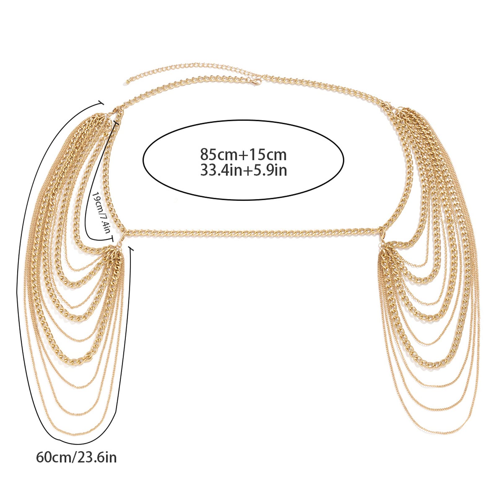 Punk Shoulder Chain Tassel Layered Upper Arm Chain Metal Multi Layer Tassel Shoulder Chain Bikini Fringe Backdrop Necklace for Women (Gold)
