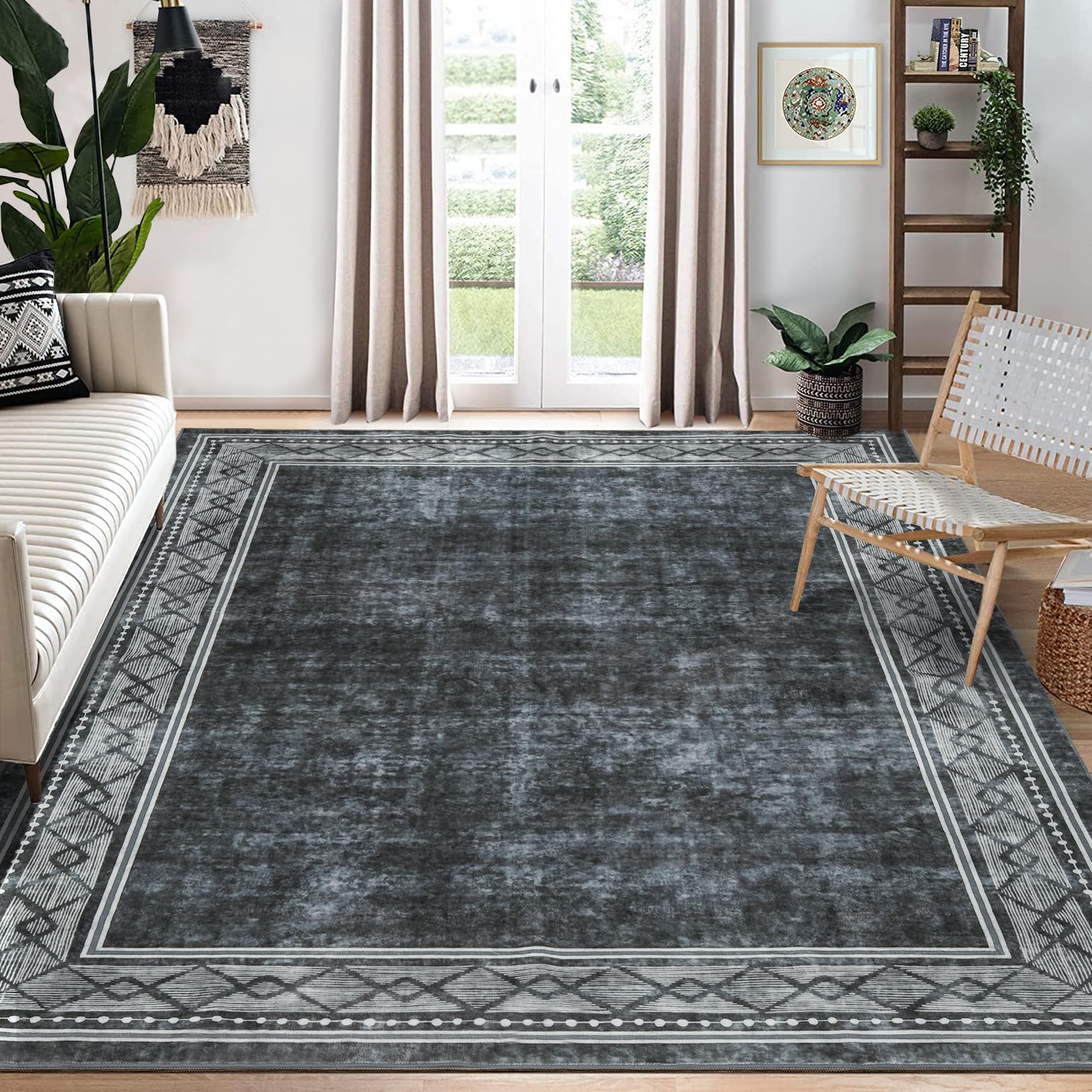 GAOMON 8x10 Area Rug Geometric Border Machine Washable Area Rug for Living Room Bedroom Modern Bordered Non-Slip Stain Resistant Accent Rug Carpet for Home Decor Floor Decoration, Grey