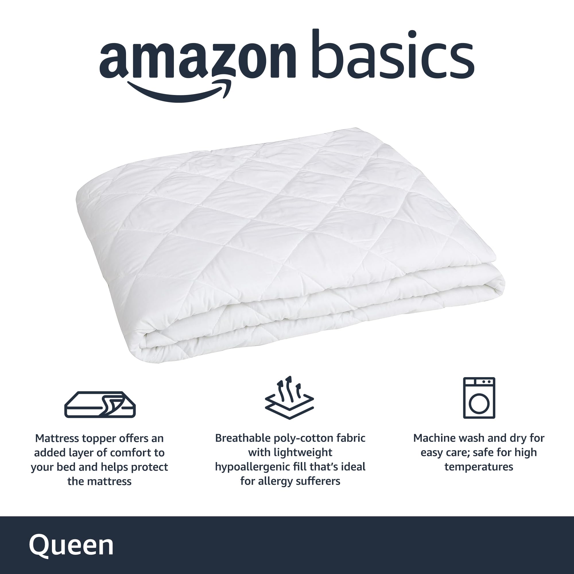 Amazon Basics Hypoallergenic Quilted Mattress Topper Pad Cover - 18 Inch Deep, Queen