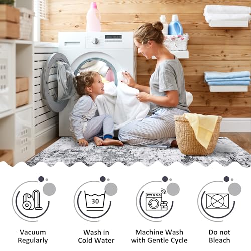 RUGSREAL Washable Area Rug 8x10 Modern Abstract Rug Non-Slip Non-Shedding Area Rug Low Pile Foldable Thin Carpet Machine Washable Rug for Living Room Bedroom, Grey