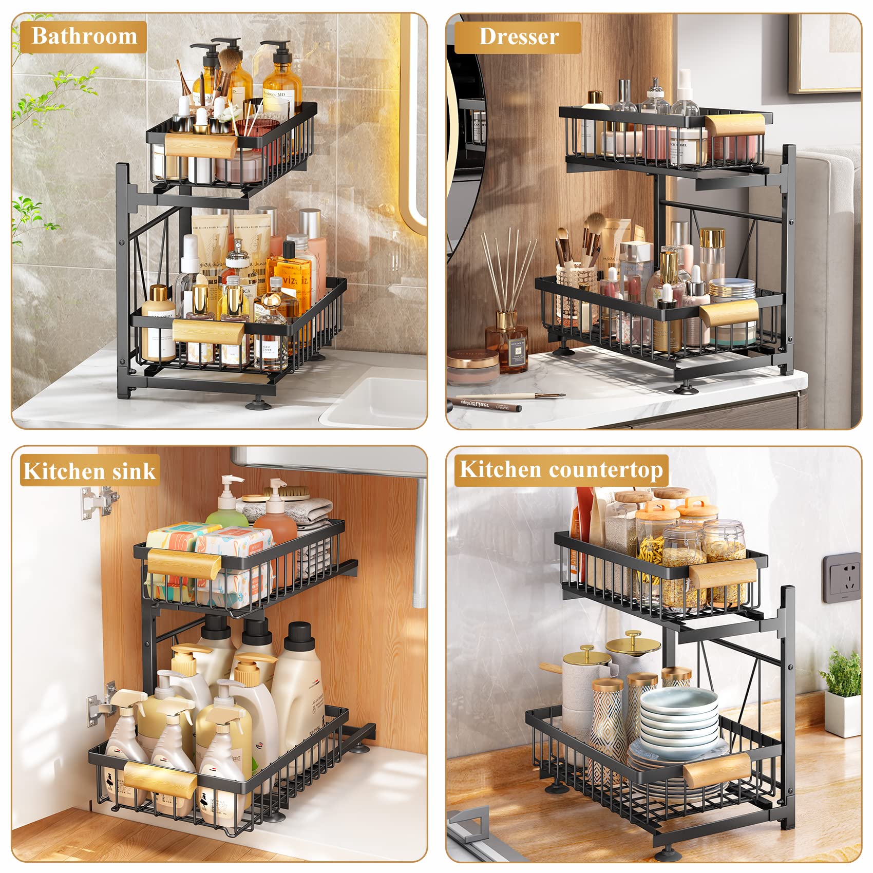 Under Sink Organizer, PXRACK Pull Out Cabinet Organizer 2-Tier Slide-out Sliding Shelf Under Cabinet Storage Multi-purpose for Under Kitchen Bathroom Sink Living Room Organizers and Storage