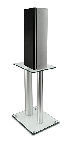 Mount-It! Floor Speaker Stands for Bookshelf Speakers and Surround Sound Home Theaters, 18 Inch High, 22 Lbs Capacity, Tempered Glass and Aluminum, Clear and Silver, One Pair