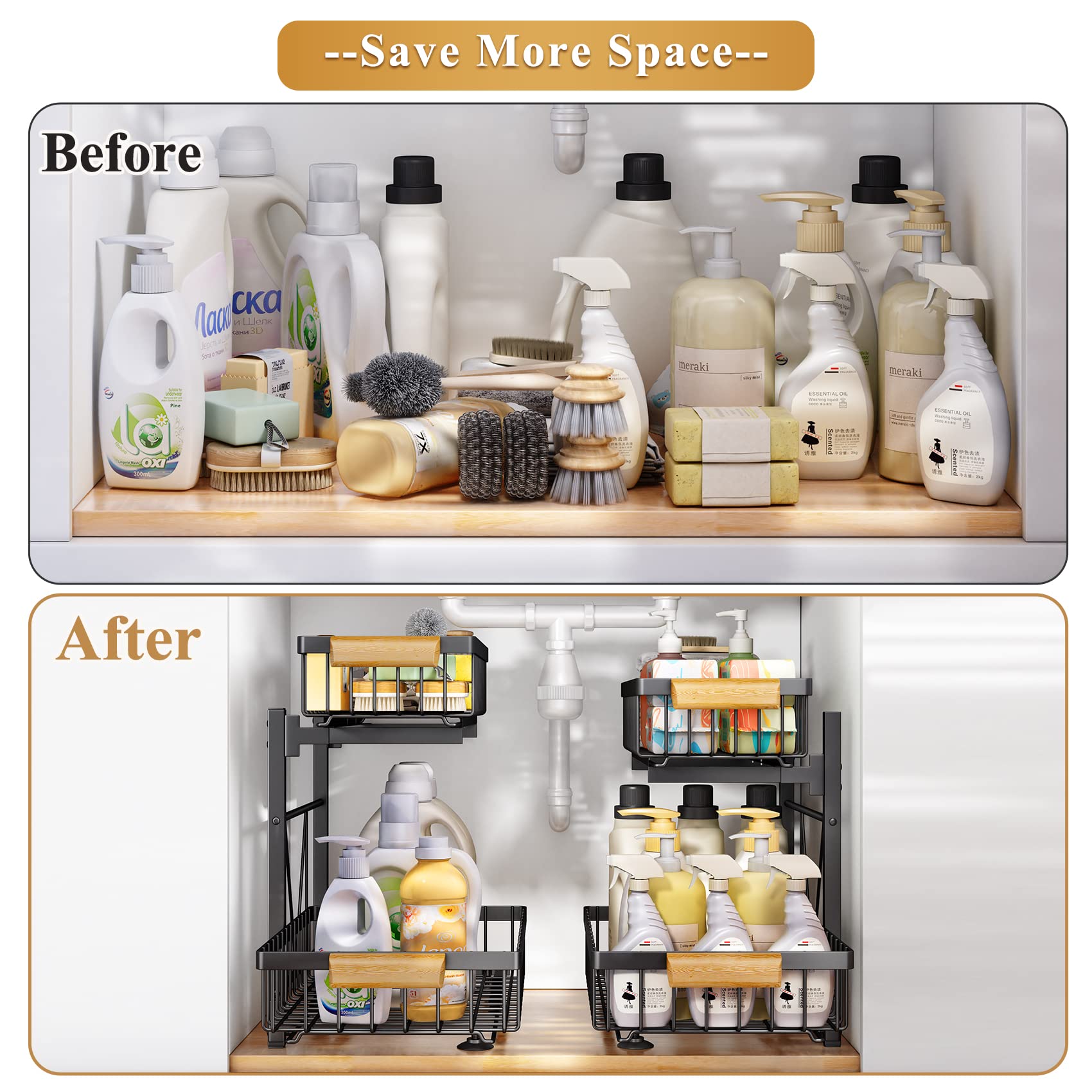 Under Sink Organizer, PXRACK Pull Out Cabinet Organizer 2-Tier Slide-out Sliding Shelf Under Cabinet Storage Multi-purpose for Under Kitchen Bathroom Sink Living Room Organizers and Storage