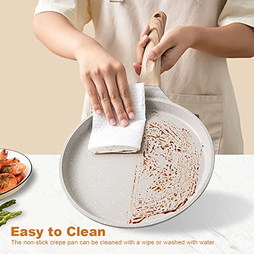 Bobikuke Nonstick Crepe Pan with Spreader, 10 Inch Dosa Pan Flat Pan, Tawa Tortilla Pan Induction Compatible - White