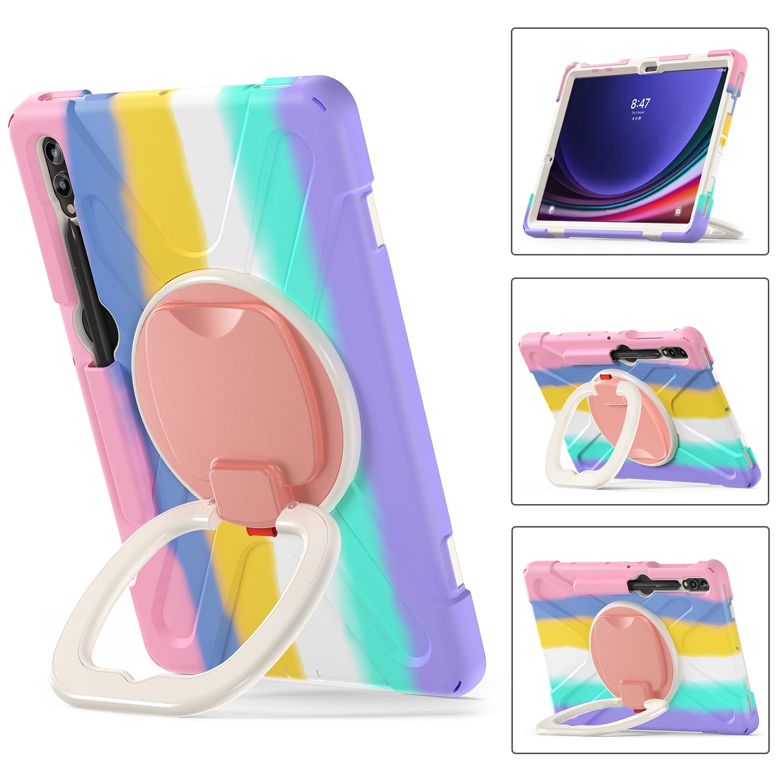 360 Rotation Case for Samsung Galaxy Tab S9+ 12.4'' 2023/S8+ /S7+/S7 FE,with Shoulder Strap S Pen Holder Rotatable Kickstand/Handle Rugged Silicone Case(Colorful Pink)