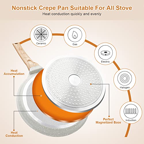 Bobikuke Nonstick Crepe Pan with Spreader, 10 Inch Dosa Pan Flat Pan, Tawa Tortilla Pan Induction Compatible - White