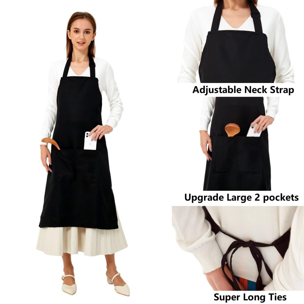 URED 2pcs Black Apron For Women,Bib Kitchen Apron Set,Extra Long Protection From Knee To Chest,Nail Tech Apron With Pockets,Artist Apron With Pockets,Chef Apron Elegant life RPET fabric