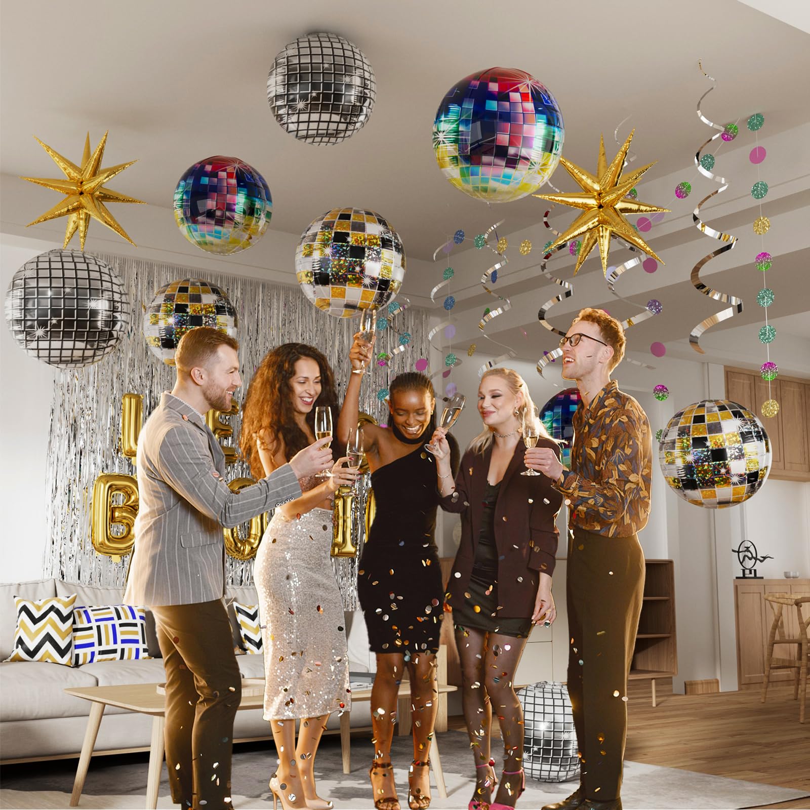 Vurxanqo Disco Party Decor,Disco Ball Balloons,70s 80s 90s Theme Party Decor,Silver Backdrop Curtain,Silver Fringe Sequin Backdrops,Bachelorette B'day Iridescent Streamers Party Decor,Silver,Gold