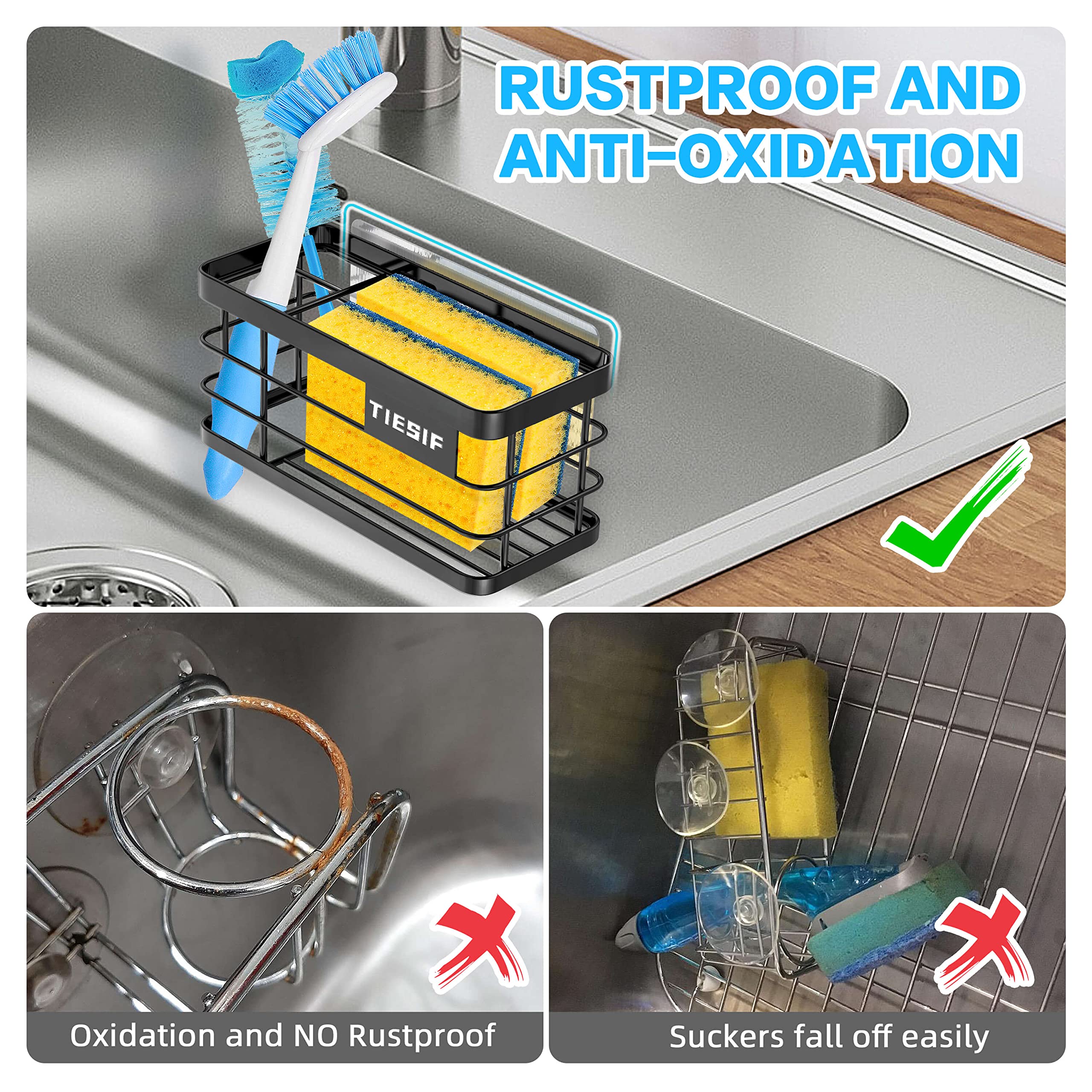 Sponge Holder for Kitchen Sink Caddy 2 in 1 Sink Organizers Stainless Steel 6.8" x 3" x 3.1" No Drilling with Adhesives