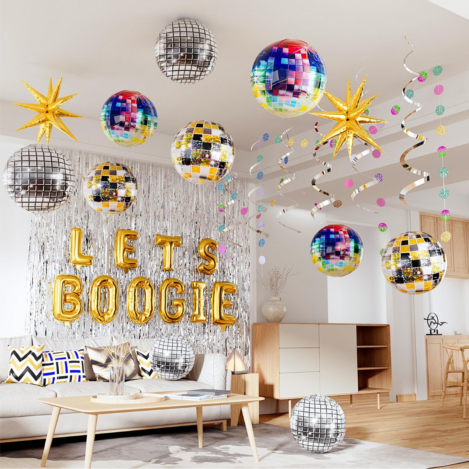 Vurxanqo Disco Party Decor，Disco Ball Balloons，70s 80s 90s Theme Party Decor，Silver Backdrop Curtain，Silver Fringe Sequin Backdrops，Bachelorette B'day Iridescent Streamers Party Decor，Silver，Gold