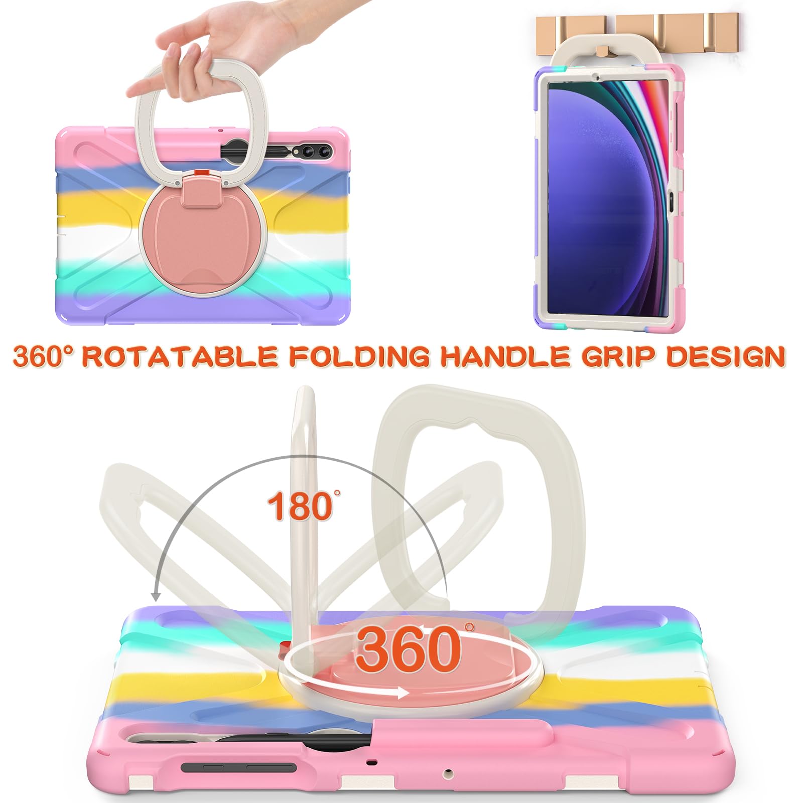 360 Rotation Case for Samsung Galaxy Tab S9+ 12.4'' 2023/S8+ /S7+/S7 FE,with Shoulder Strap S Pen Holder Rotatable Kickstand/Handle Rugged Silicone Case(Colorful Pink)