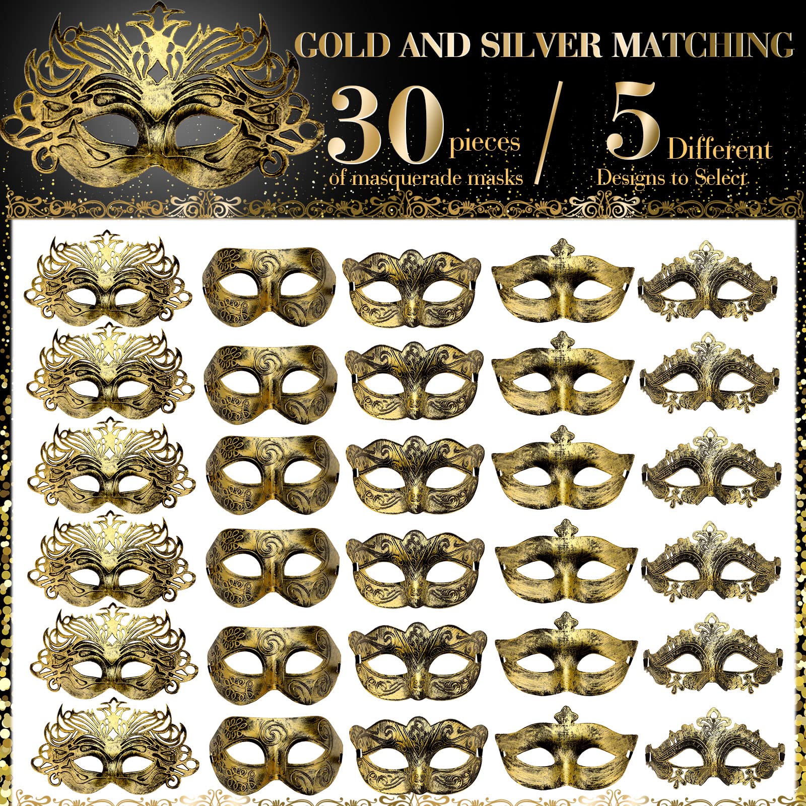 Yunsailing 30 Pieces Masquerade Masks Venetian Mardi Gras Antique Masks with Strap for Women Men Carnival Prom Mask Party(Gold)