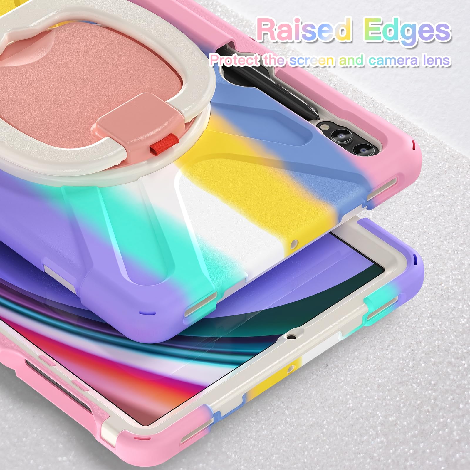 360 Rotation Case for Samsung Galaxy Tab S9+ 12.4'' 2023/S8+ /S7+/S7 FE,with Shoulder Strap S Pen Holder Rotatable Kickstand/Handle Rugged Silicone Case(Colorful Pink)