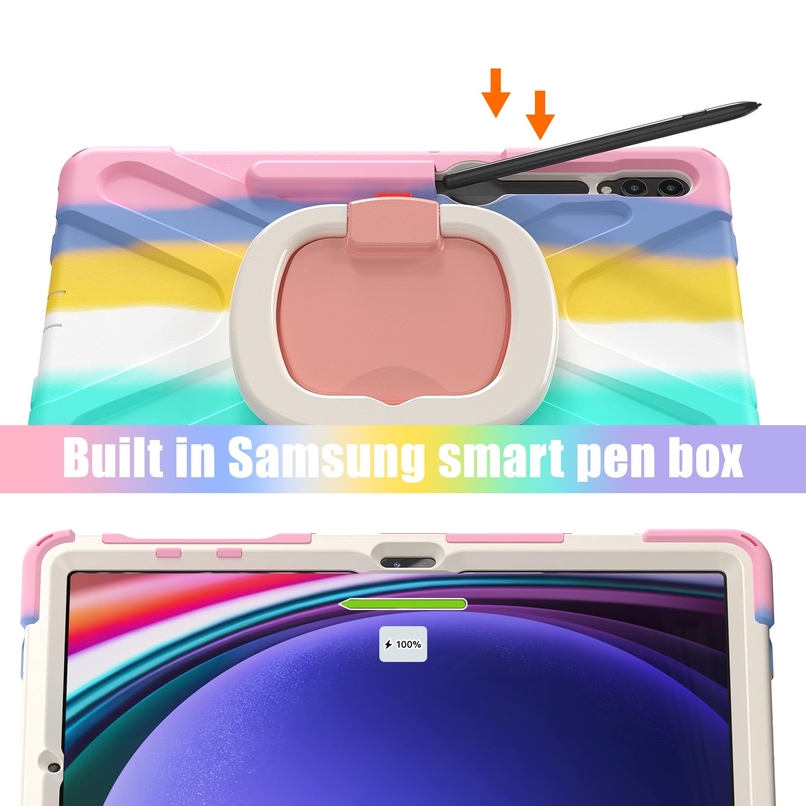 360 Rotation Case for Samsung Galaxy Tab S9+ 12.4'' 2023/S8+ /S7+/S7 FE,with Shoulder Strap S Pen Holder Rotatable Kickstand/Handle Rugged Silicone Case(Colorful Pink)