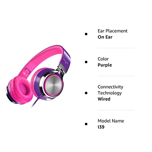 ELECDER i39 Headphones with Microphone Foldable Lightweight Adjustable On Ear Headsets with 3.5mm Jack for Cellphones Computer MP3/4 Kindle School Purple/Pink