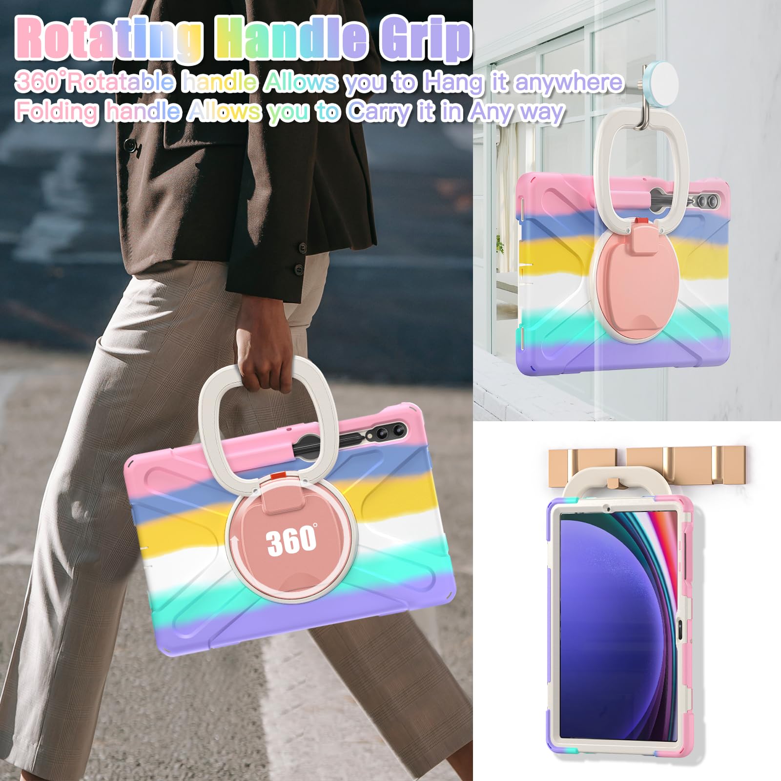 360 Rotation Case for Samsung Galaxy Tab S9+ 12.4'' 2023/S8+ /S7+/S7 FE,with Shoulder Strap S Pen Holder Rotatable Kickstand/Handle Rugged Silicone Case(Colorful Pink)