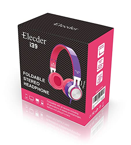 ELECDER i39 Headphones with Microphone Foldable Lightweight Adjustable On Ear Headsets with 3.5mm Jack for Cellphones Computer MP3/4 Kindle School Purple/Pink