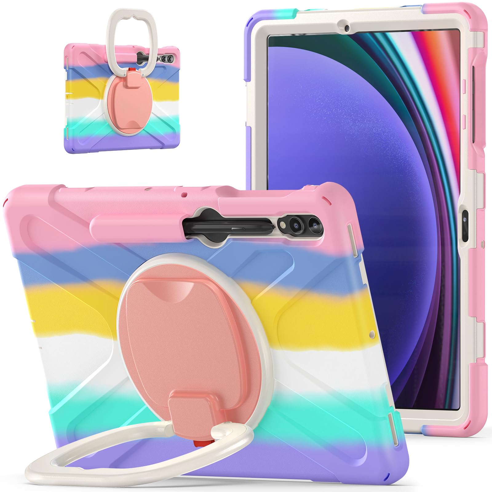 360 Rotation Case for Samsung Galaxy Tab S9+ 12.4'' 2023/S8+ /S7+/S7 FE,with Shoulder Strap S Pen Holder Rotatable Kickstand/Handle Rugged Silicone Case(Colorful Pink)