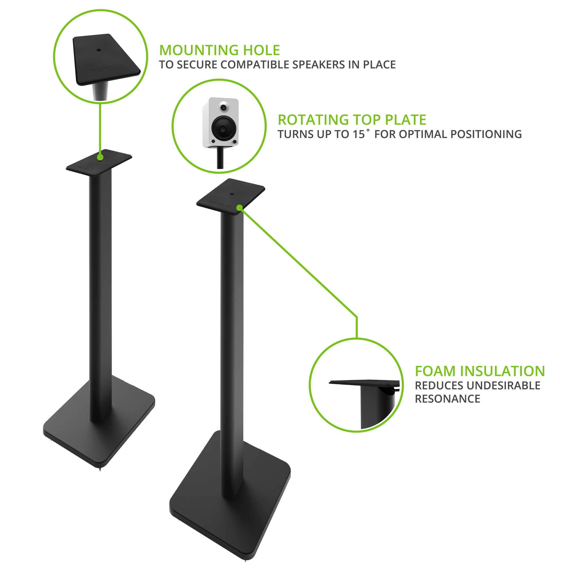 Kanto SP26PL Black Metal Speaker Stand (26 inches) - Universal Fit, Hidden Cables, Rotating Top Plate, Carpet & Hardwood Feet, ¼’-20 Mounting, Pair