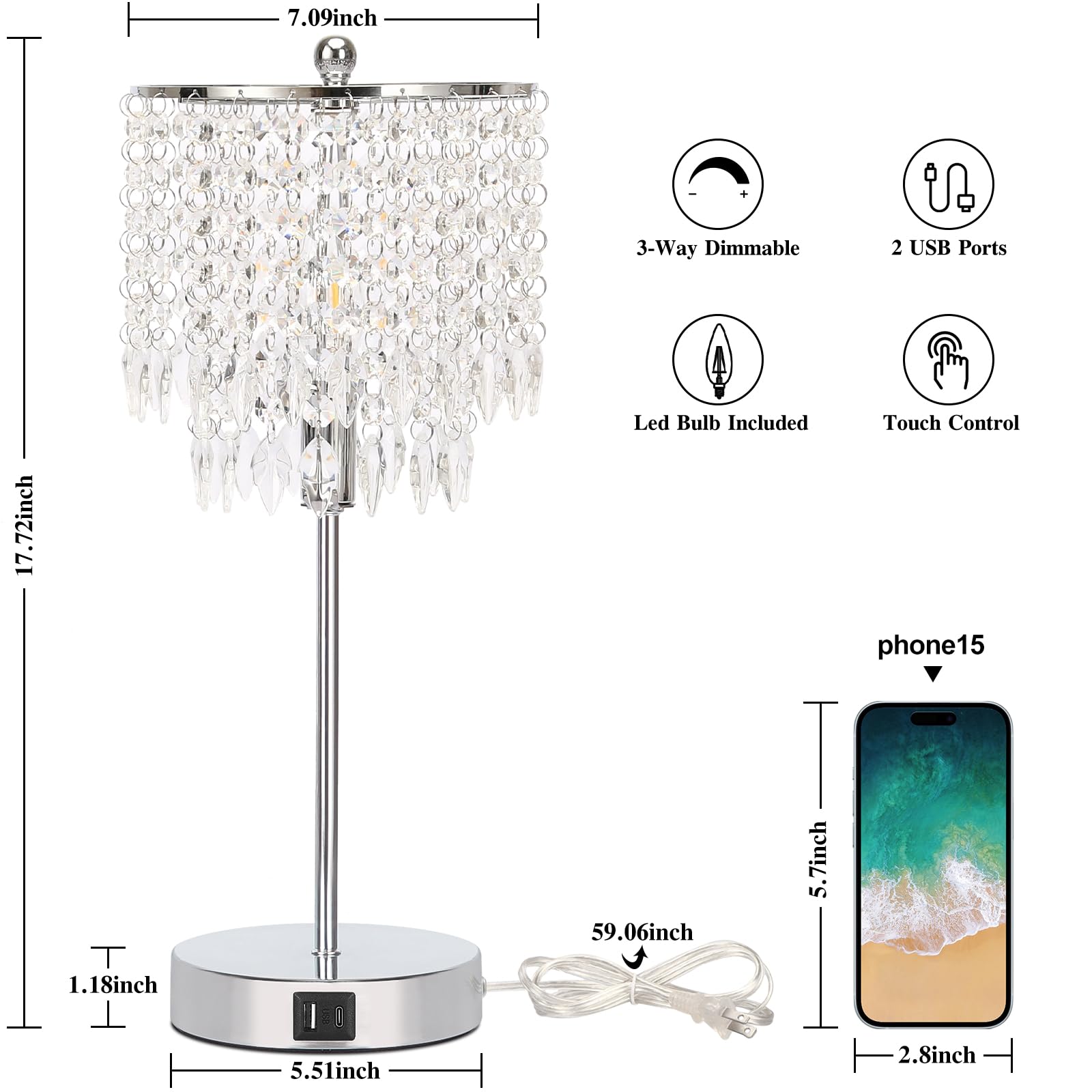 Boncoo Crystal Table Lamp Set of 2 Touch Control, Crystal Lamps with USB Ports Elegant Shade Bedside Lamp Silver, Dimmable Touch Table Lamp for Nightstand Bedroom Living Room, 4W LED Bulb Included