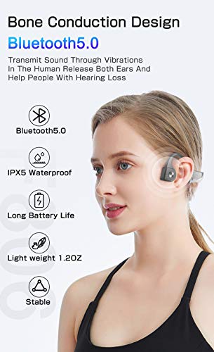 Bone Conduction Headphones, Bluetooth 5.0 with Mic, Open-Ear Wireless Bone Conduction, Lightweight Sweatproof Music Answer Phone Call Sports Headset for Running Hiking Driving Bicycling (Gray)