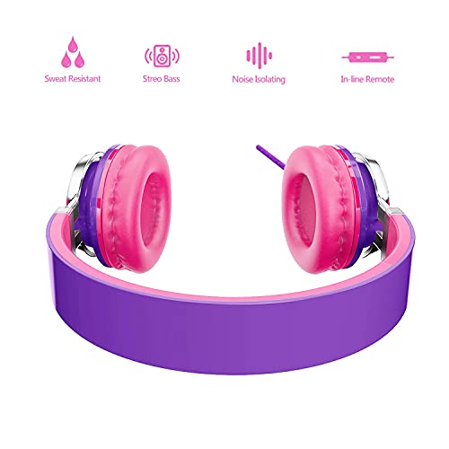 ELECDER i39 Headphones with Microphone Foldable Lightweight Adjustable On Ear Headsets with 3.5mm Jack for Cellphones Computer MP3/4 Kindle School Purple/Pink