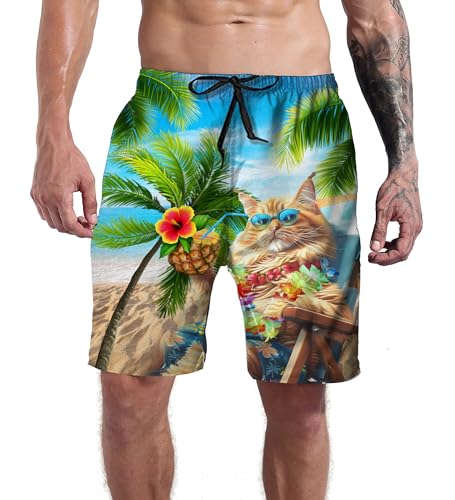 Goodstoworld Funny Cat Swim Trunks for Men Mens Swimming Trunks Board Shorts Summer Long Hawaiian Water Party Beach Bathing Suits