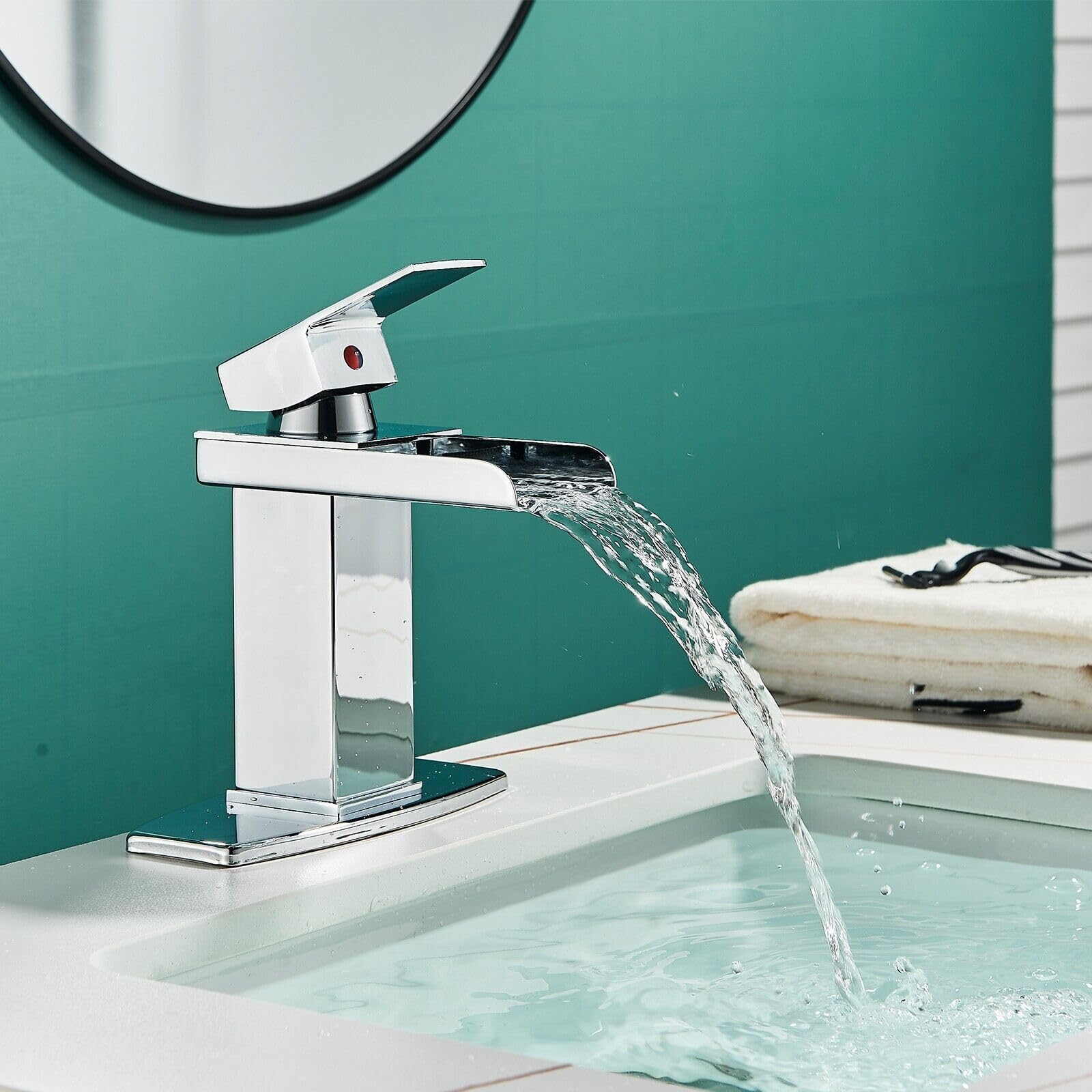 Mosson Waterfall Brass Bathroom Faucet Single Handle 1 or 3 Hole Bathroom Sink Faucet Chrome Washbasin Faucet with Deck and Water Supply Hoses