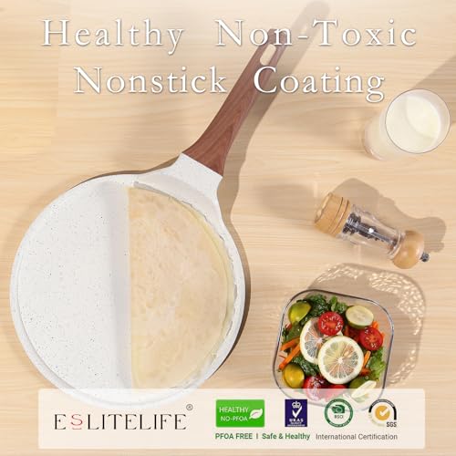 ESLITE LIFE Crepe Pan with Spreader, Nonstick Ceramic Coating Flat Skillet Tawa Dosa Tortilla Pan, PFOA Free (White, 3 Pcs Set:9.5"+11" w/spreader)