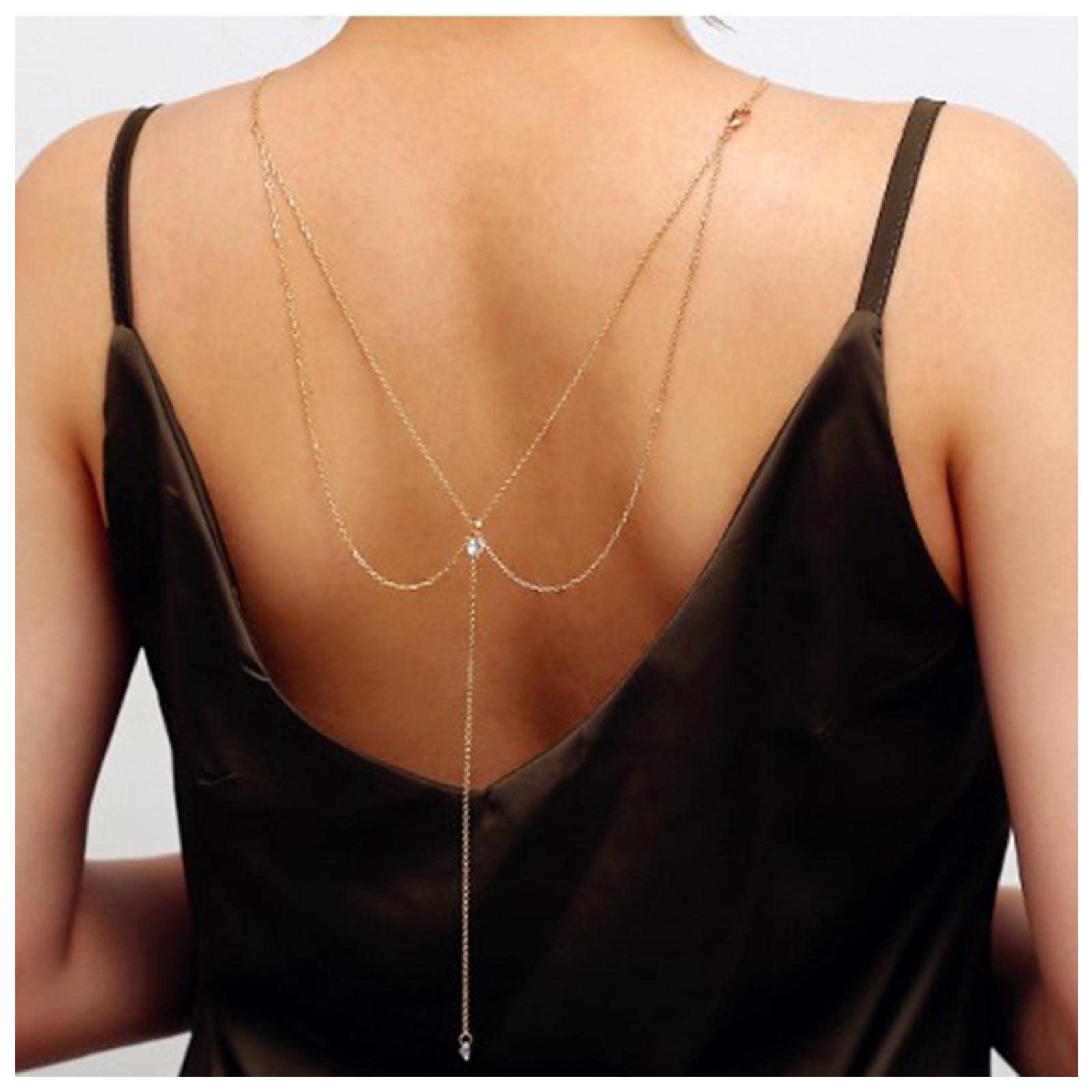 Yheakne Boho Crystal Back Chain Necklace Gold Cz Backdrop Necklace Rhinestone Bridal Back Drop Chain Body Chain Summer Beach Body Jewelry for Women