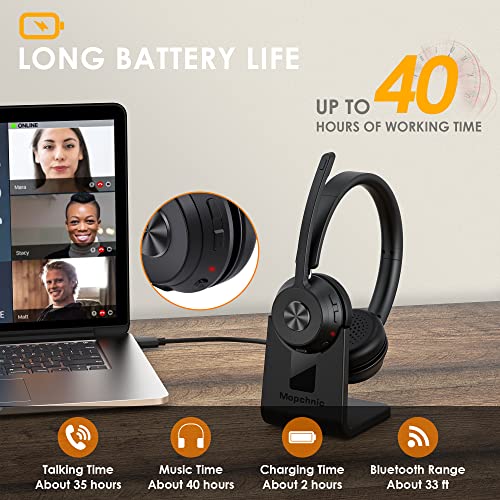 Bluetooth Headset V5.1, Wireless Headset with Noise Canceling Microphone, 40 Hrs Work Time Office Headset with Bluetooth Dongle & Charging Base, AptX HD On-Ear Headphones with Mute Button