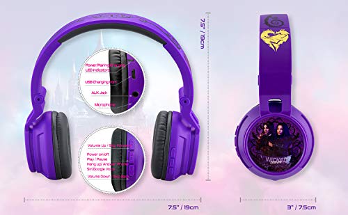 eKids Descendants Kids Bluetooth Headphones for Kids Wireless Rechargeable Foldable Bluetooth Headphones with Microphone Kid Friendly Sound and Bonus Detachable Cord, DE-B50v9M