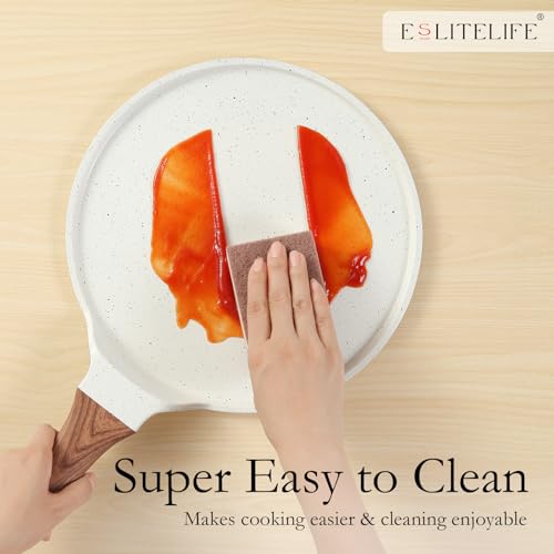ESLITE LIFE Crepe Pan with Spreader, Nonstick Ceramic Coating Flat Skillet Tawa Dosa Tortilla Pan, PFOA Free (White, 3 Pcs Set:9.5"+11" w/spreader)