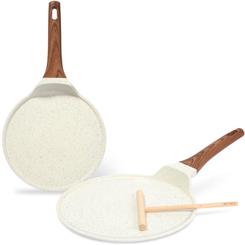 ESLITE LIFE Crepe Pan with Spreader, Nonstick Ceramic Coating Flat Skillet Tawa Dosa Tortilla Pan, PFOA Free (White, 3 Pcs Set:9.5"+11" w/spreader)