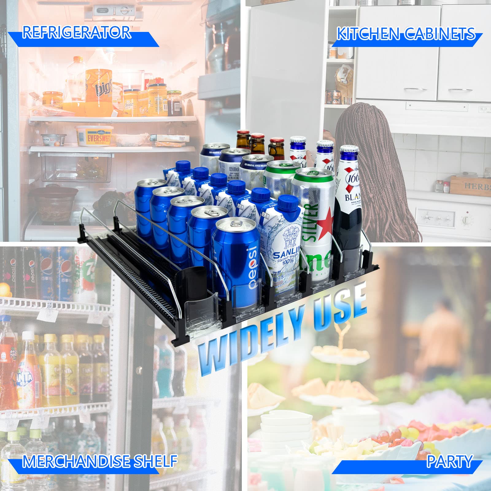 Drink Organizer for Fridge, Self-Pushing Soda Can Dispenser for Refrigerator,Width Ajustable,Beer Pop Can Water Bottle Storage for Pantry, Kitchen(Black, 5 Row)