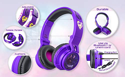 eKids Descendants Kids Bluetooth Headphones for Kids Wireless Rechargeable Foldable Bluetooth Headphones with Microphone Kid Friendly Sound and Bonus Detachable Cord, DE-B50v9M