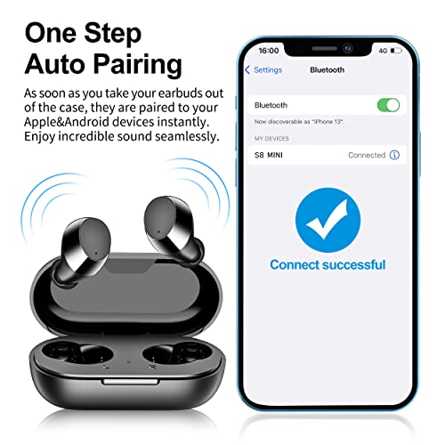 kurdene Bluetooth 5.2 Wireless Earbuds, S8 Mini [Small Ear] [Deep Bass Sound] 30H Playtime Call Clear Waterproof Earphones with Microphone in-Ear Headphones Comfortable for iPhone Android Sports