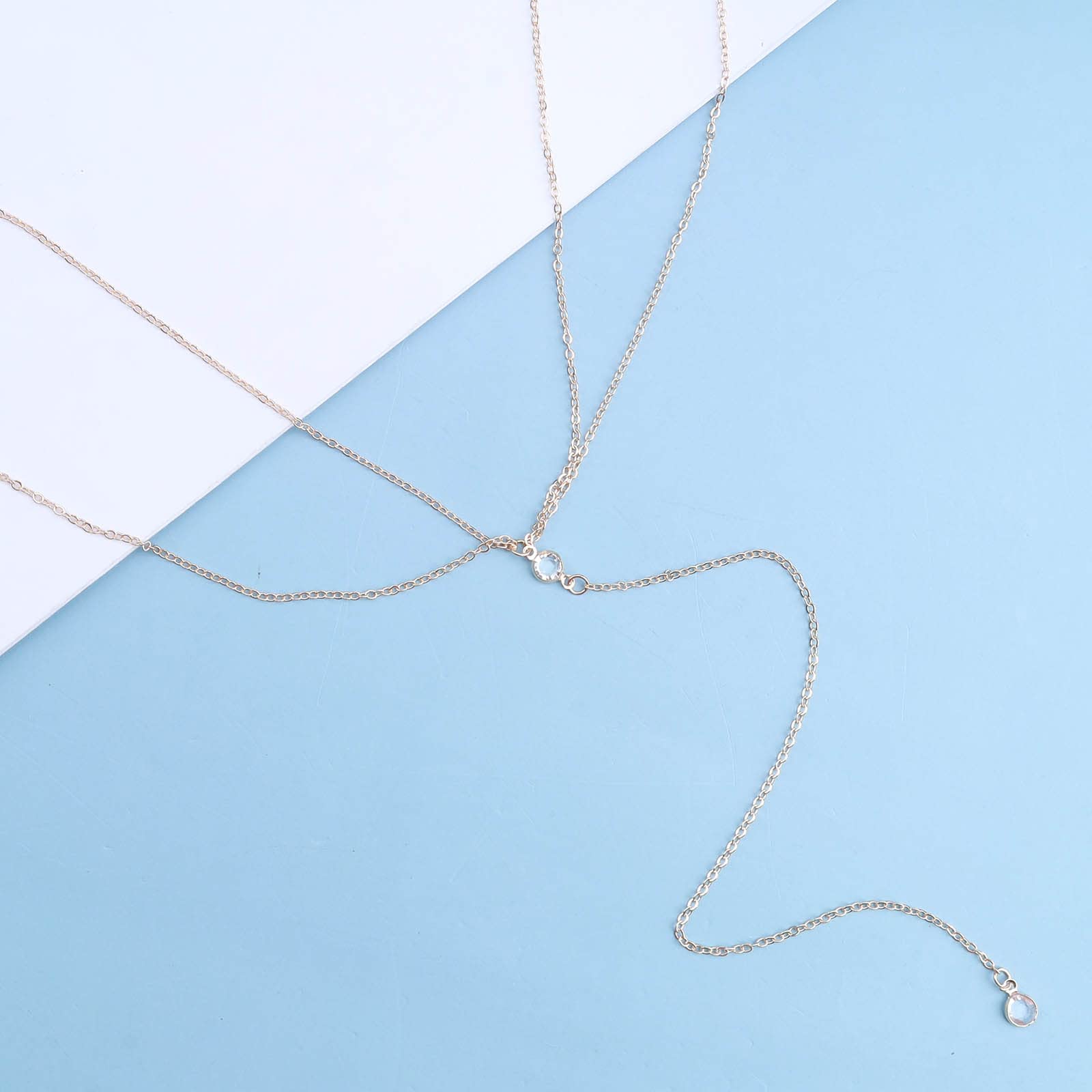 Yheakne Boho Crystal Back Chain Necklace Gold Cz Backdrop Necklace Rhinestone Bridal Back Drop Chain Body Chain Summer Beach Body Jewelry for Women