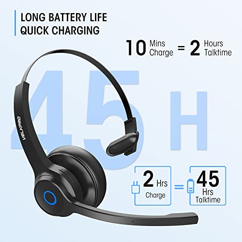 VELKPRO Wireless Headset with Microphone for PC, Truck Driver Bluetooth Headphones, Hands Free Single On Ear Headphone with Adjustable Headband, Communication Accessories for Office, Call Center Work