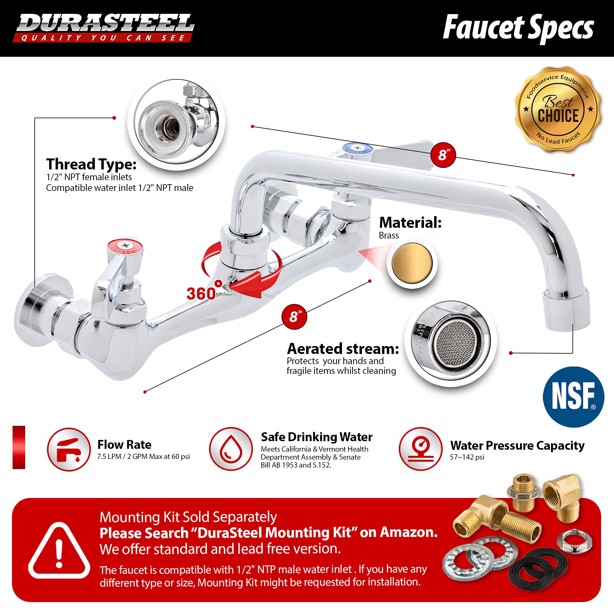 Kitchen Sink No Lead Faucet - DuraSteel 8" Center Wall Mounted Commercial Kitchen Sink Faucet with 8" Swivel Spout - NSF Certified - Dual Lever Handles - Brass Constructed & Chrome Polished
