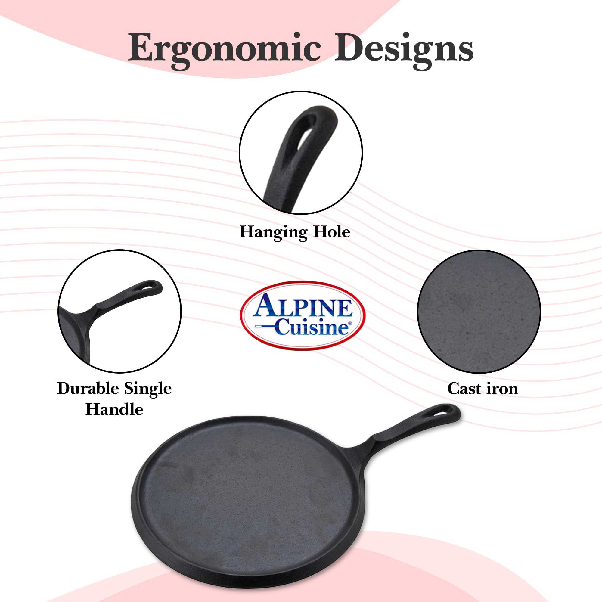 Alpine Cuisine Round Comal Cast Iron 10 Inch Seasoned Coating Black with Durable Single Handle β Comfortable Comal For Cooking, Even Heating & Versatile Kitchen Cookware Color Sleeve Bag Packing