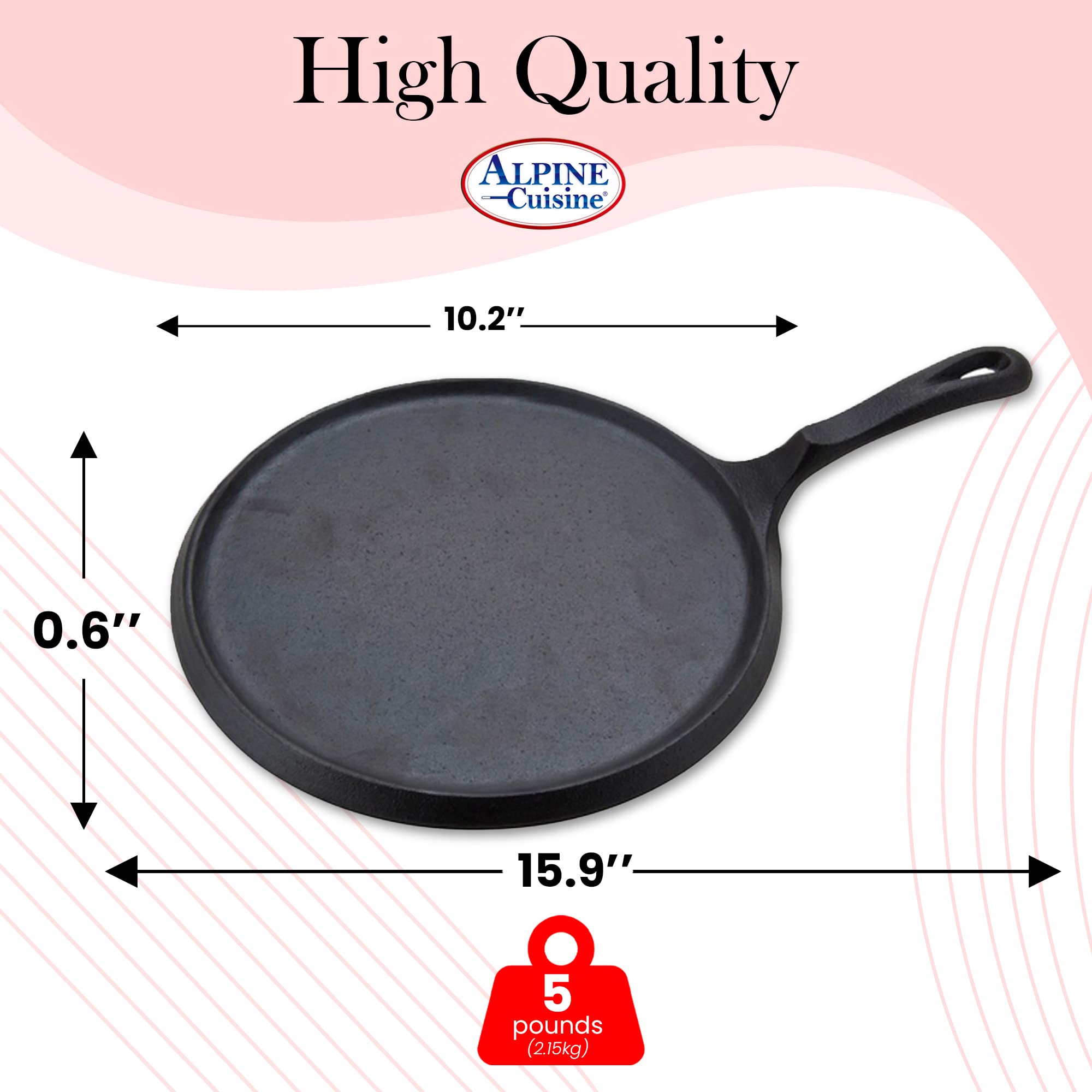 Alpine Cuisine Round Comal Cast Iron 10 Inch Seasoned Coating Black with Durable Single Handle β Comfortable Comal For Cooking, Even Heating & Versatile Kitchen Cookware Color Sleeve Bag Packing