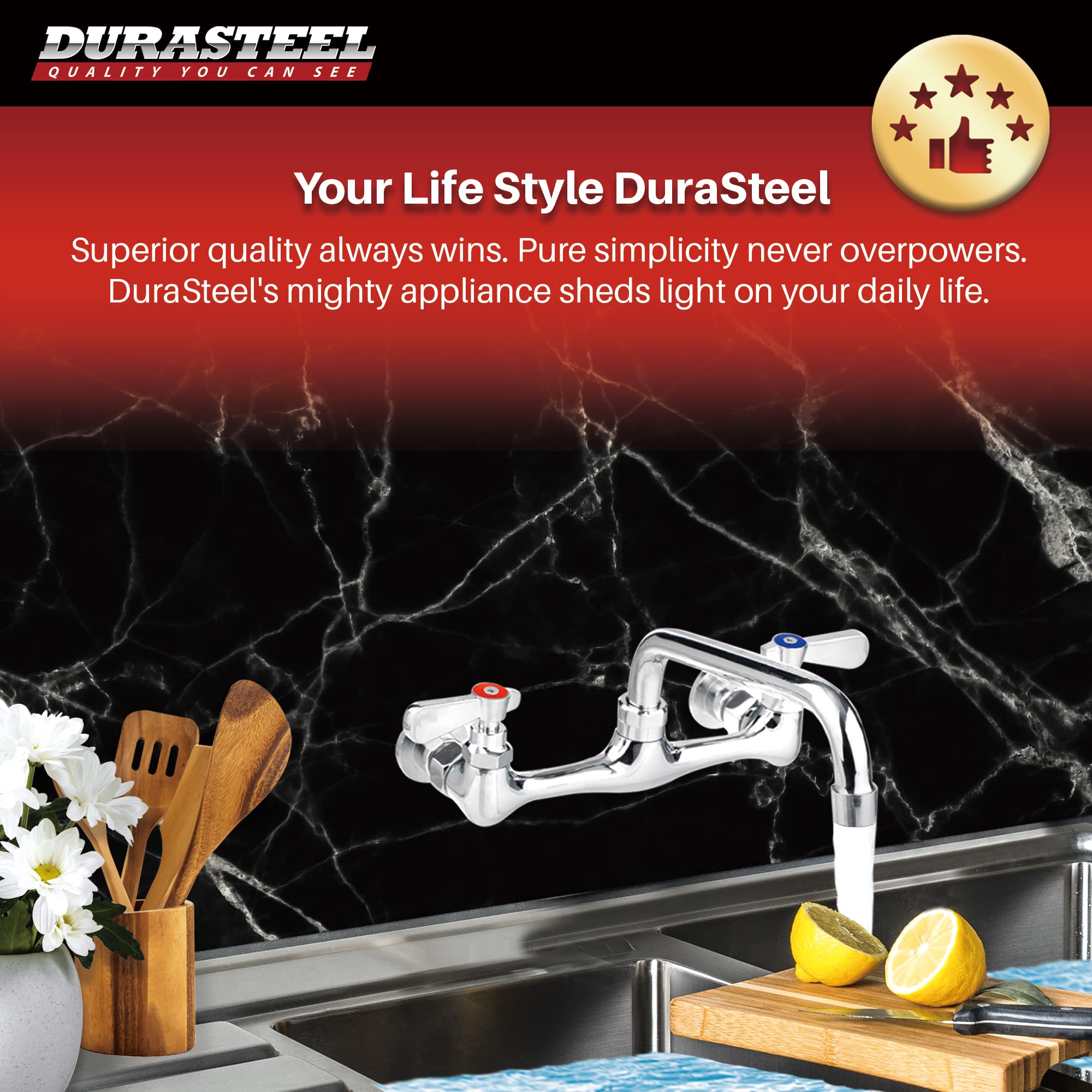 Kitchen Sink No Lead Faucet - DuraSteel 8" Center Wall Mounted Commercial Kitchen Sink Faucet with 8" Swivel Spout - NSF Certified - Dual Lever Handles - Brass Constructed & Chrome Polished