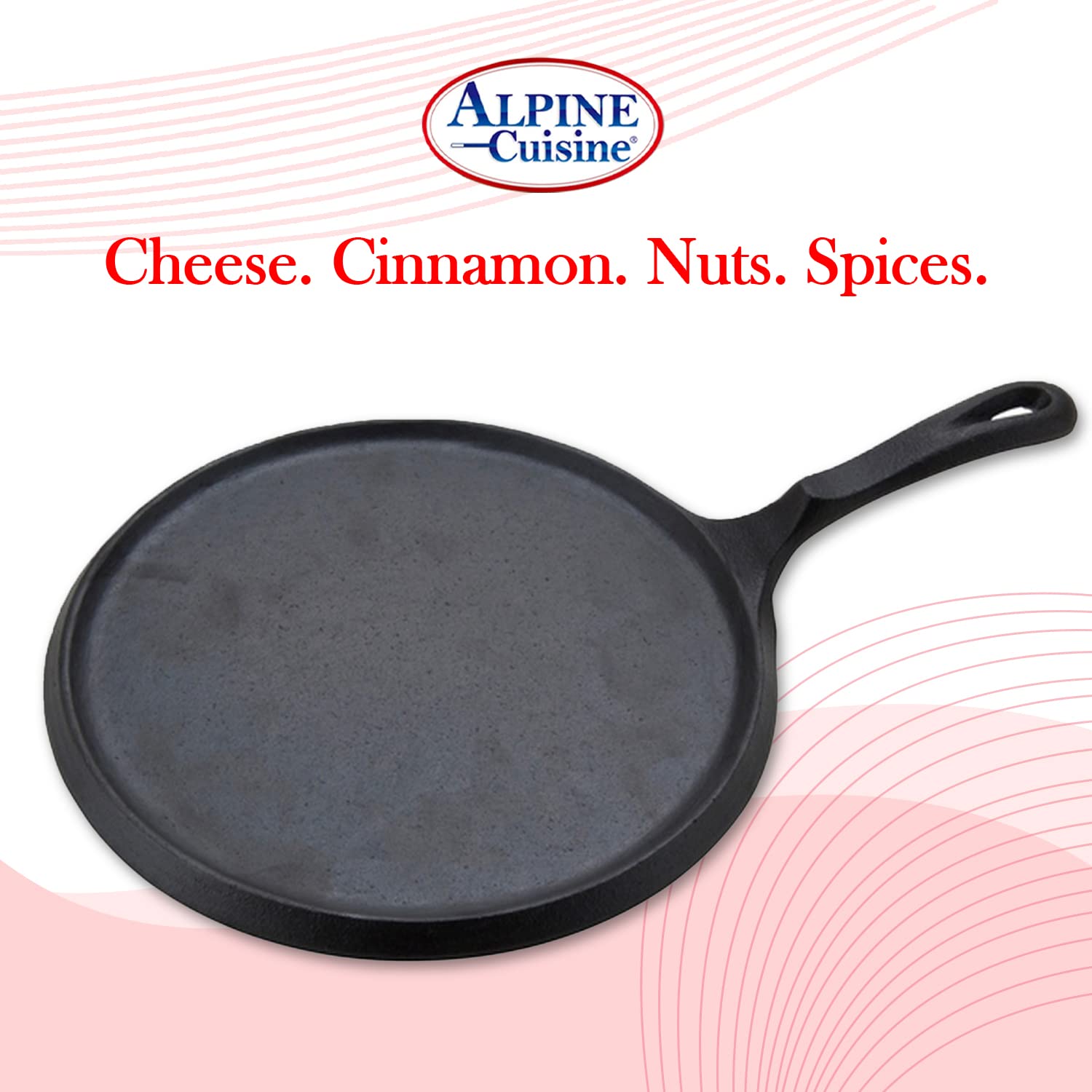 Alpine Cuisine Round Comal Cast Iron 10 Inch Seasoned Coating Black with Durable Single Handle β Comfortable Comal For Cooking, Even Heating & Versatile Kitchen Cookware Color Sleeve Bag Packing