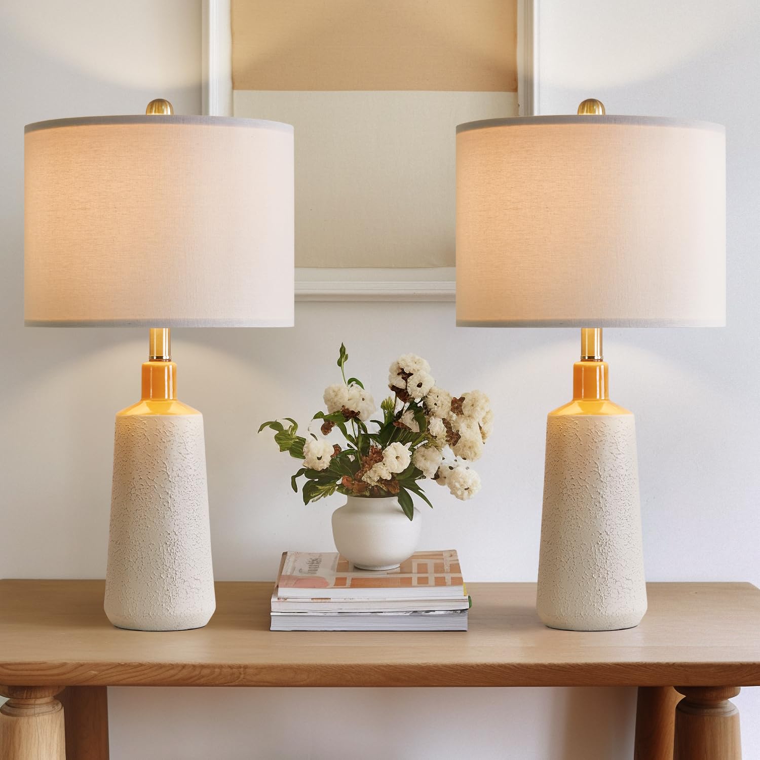 OYEARS 23.5" Farmhouse Ceramic Table Lamps Set of 2 for Bedroom Nightstand Lamps for Vintage Traditional Beige Lamp for Living Room Study Office Dorm