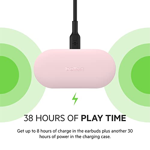 Belkin Wireless Earbuds, SoundForm Play True Wireless Earphones with USB-C Quick Charge, IPX5 Sweat and Water Resistant, 38 Hour Play Time, Compatible with iPhone, Galaxy, Pixel and More - Pink