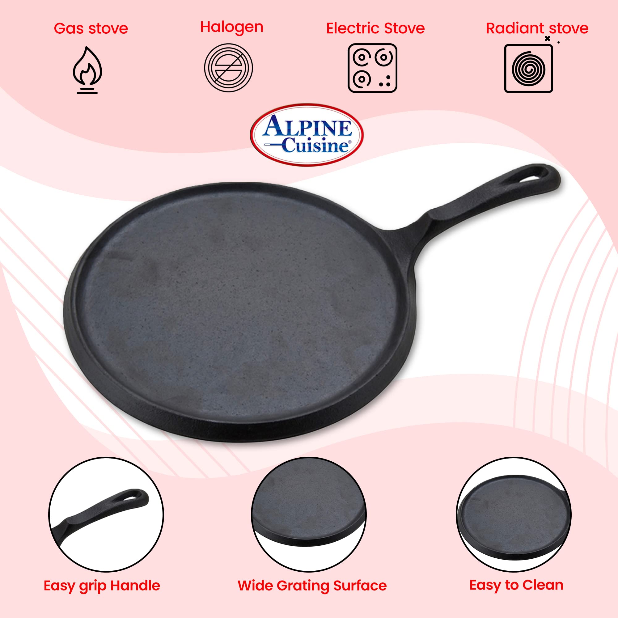 Alpine Cuisine Round Comal Cast Iron 10 Inch Seasoned Coating Black with Durable Single Handle β Comfortable Comal For Cooking, Even Heating & Versatile Kitchen Cookware Color Sleeve Bag Packing